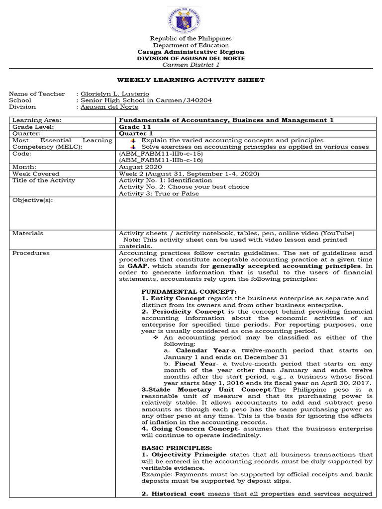 Grade 11 Accounting Activity Sheet | PDF | Financial Statement | Going ...