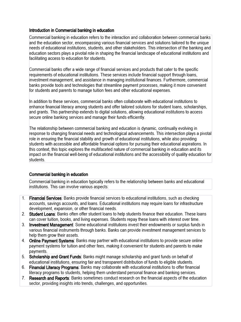 Introduction in Commercial Banking in Education Final | PDF | Banks | Loans