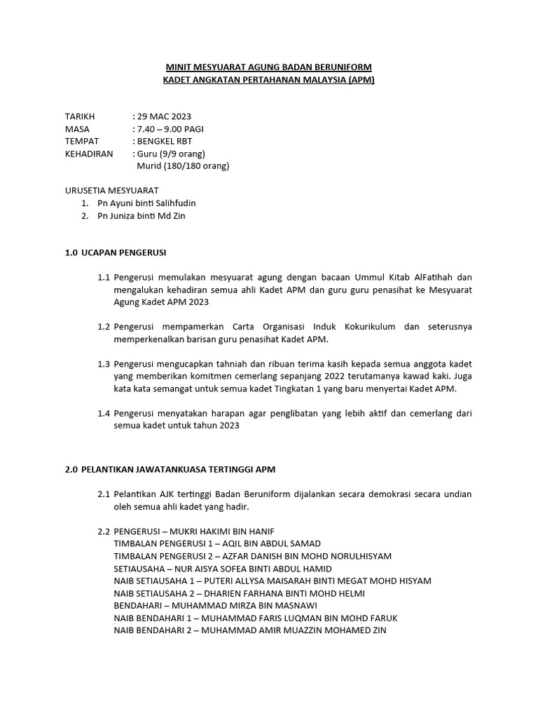 Minit Mesyuarat Agung Unit Uniform Apm | PDF