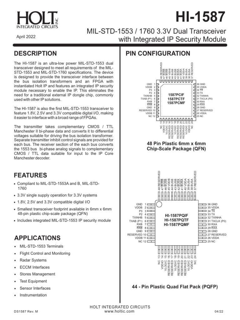 MIL-STD-1553 / 1760 3.3V Dual Transceiver With Integrated IP Security ...