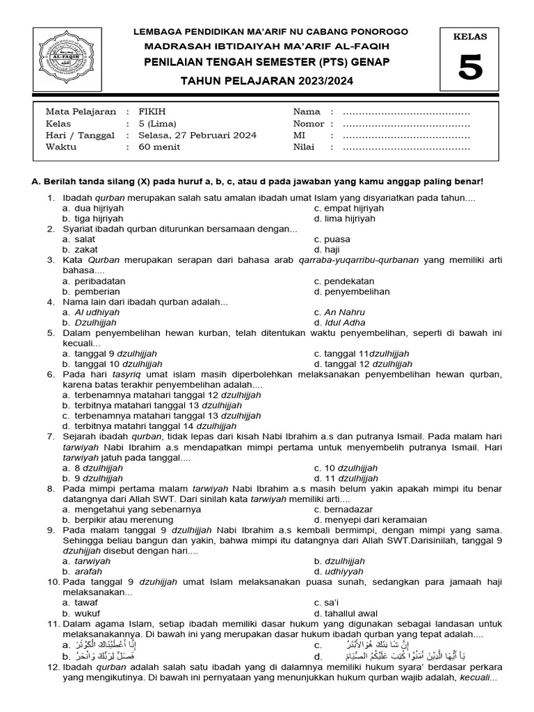 PTS Fikih Kelas 5 Semester Genap | PDF