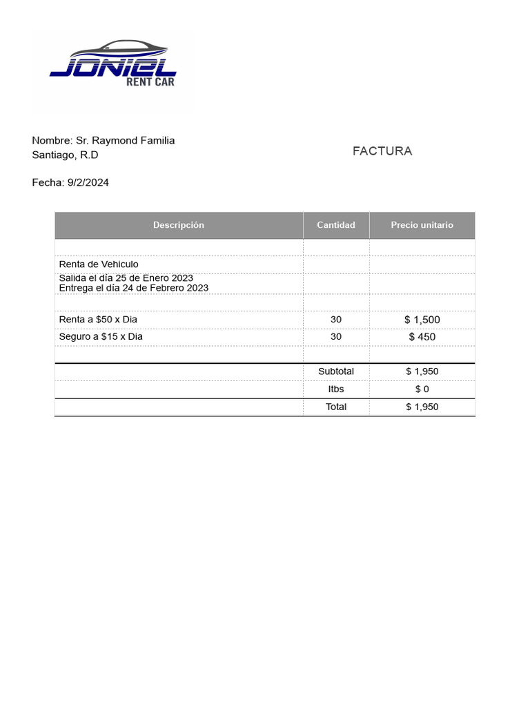 Factura Renta de Vehiculo | PDF