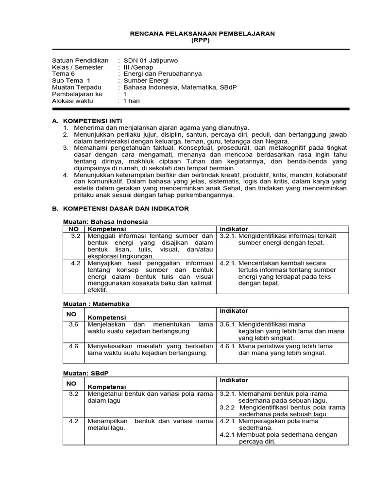 RPP k13 Kelas 3 Tema 6 | PDF