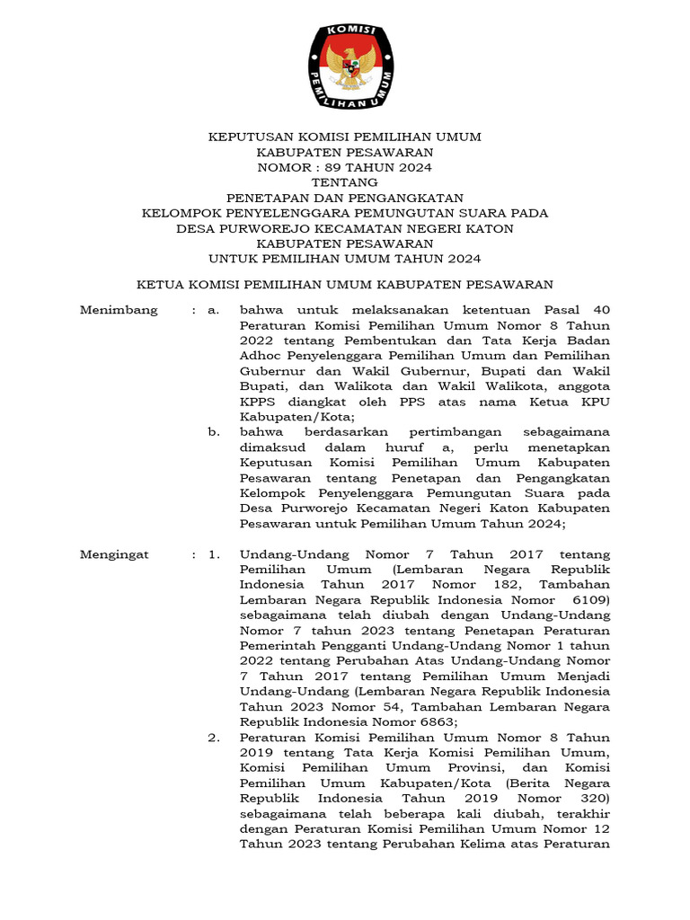 Format SK Pengangkatan KPPS | PDF