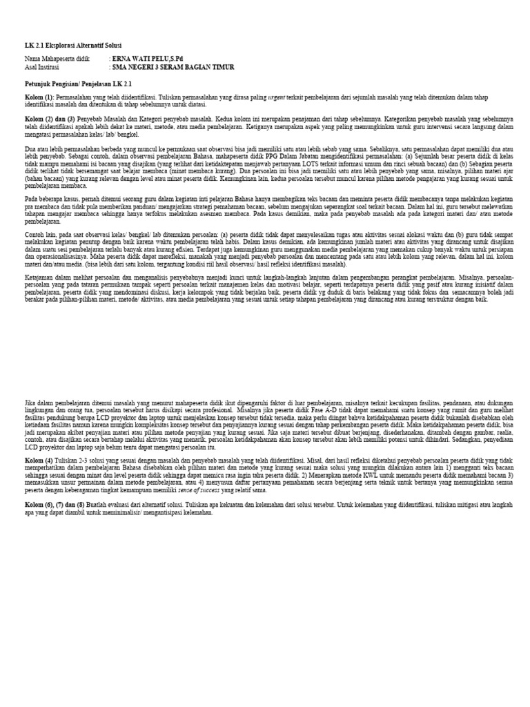 LK 2.1 Eksplorasi Alternatif Solusi - Erna Wati Pelu, S.PD | PDF
