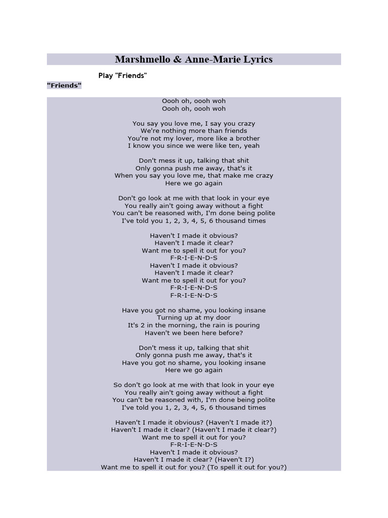 Friends Lyrics by Marshmello & Anne-Marie | PDF