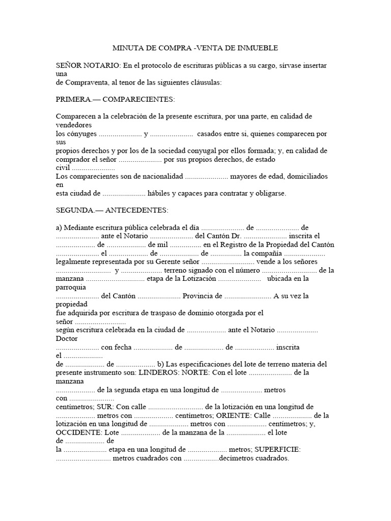 Minuta de Compra Venta Inmuebles | PDF | Derecho privado | Justicia