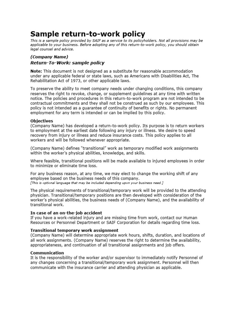 RTW Sample Policy | PDF | Employment | Temporary Work