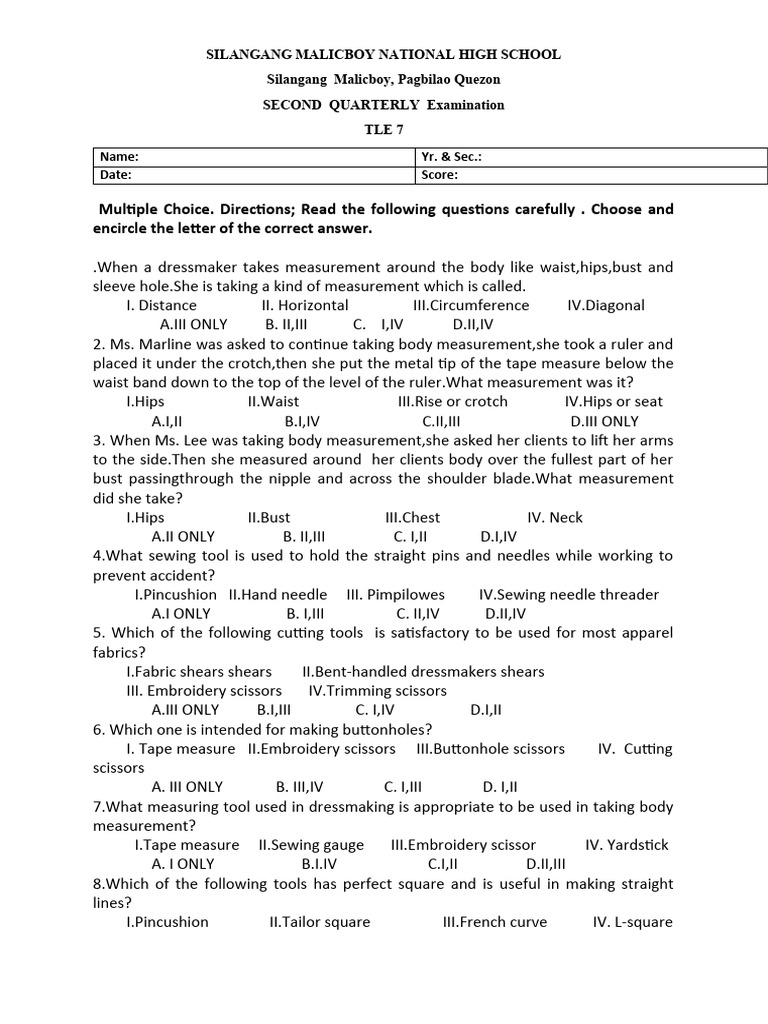 2ND-QUARTERLY Examination-TLE-7-FINAL | PDF | Scissors | Sewing