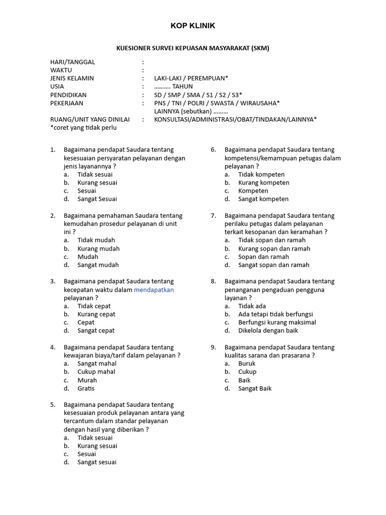 CONTOH KUISIONER SKM KLINIK | PDF