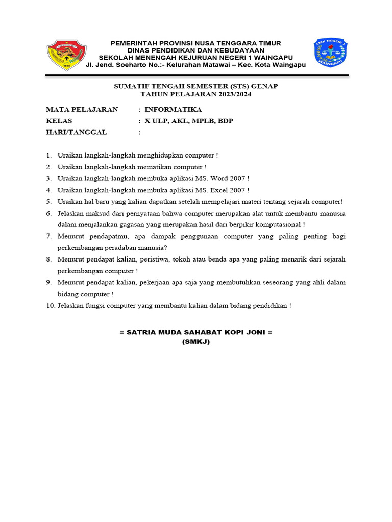 Soal STS Informatika Kelas X SMKJ 2023 | PDF