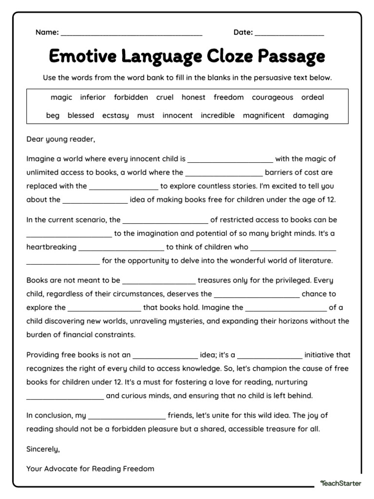 Emotive Language Cloze Passage Worksheet Printable PDF | PDF