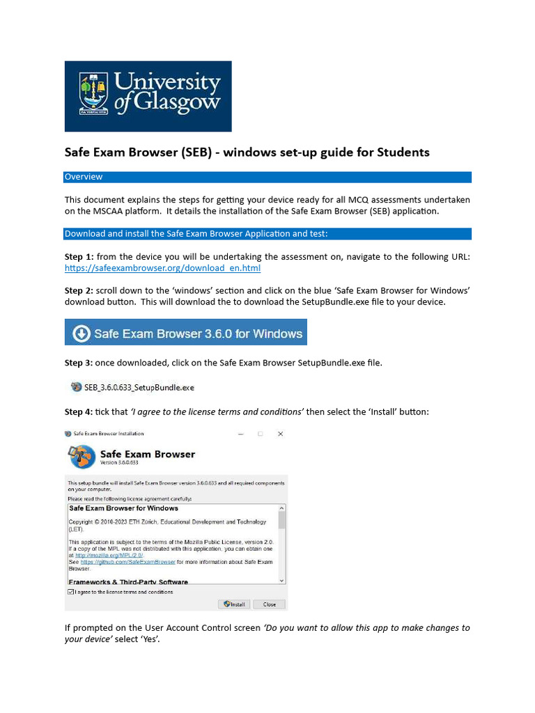 STEP 1 - Safe Exam Browser (SEB) - Windows - Setup Guide For Students | PDF