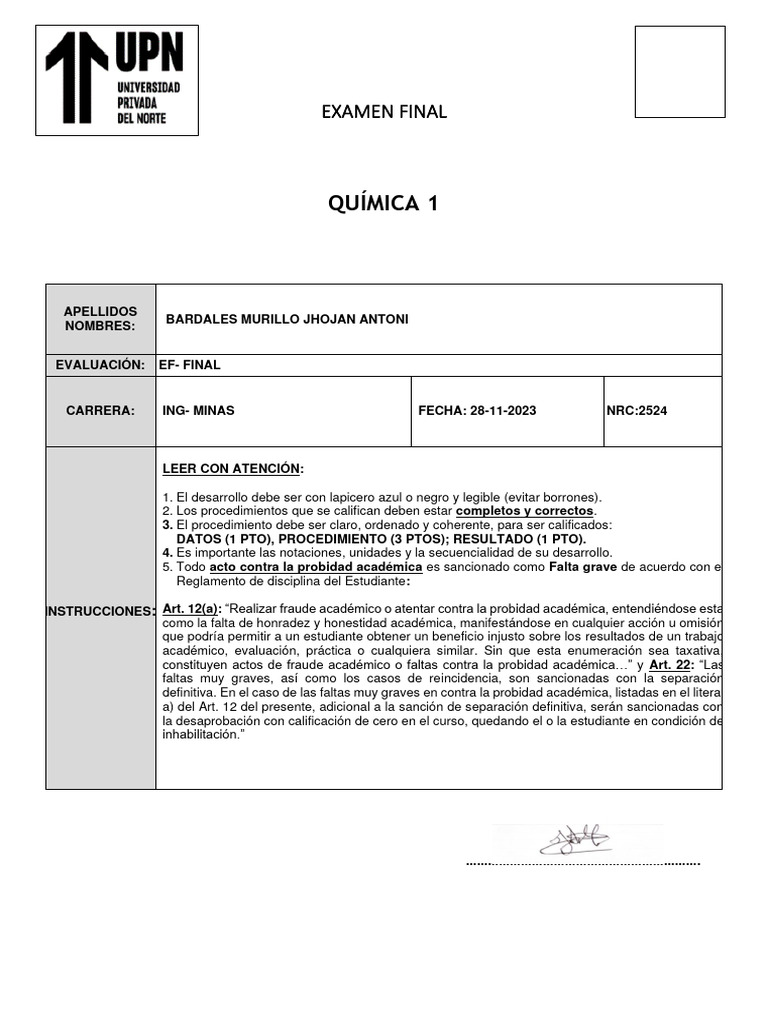Formato EXAMEN FINAL Q1 Jhojan Bardales | PDF | Redox | Electroquímica