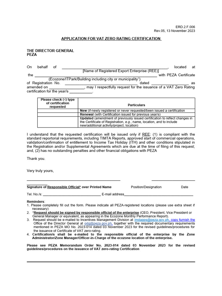 Erd.2.f.006 Application For Vat Zero Rating Certification Rev.05 | PDF ...