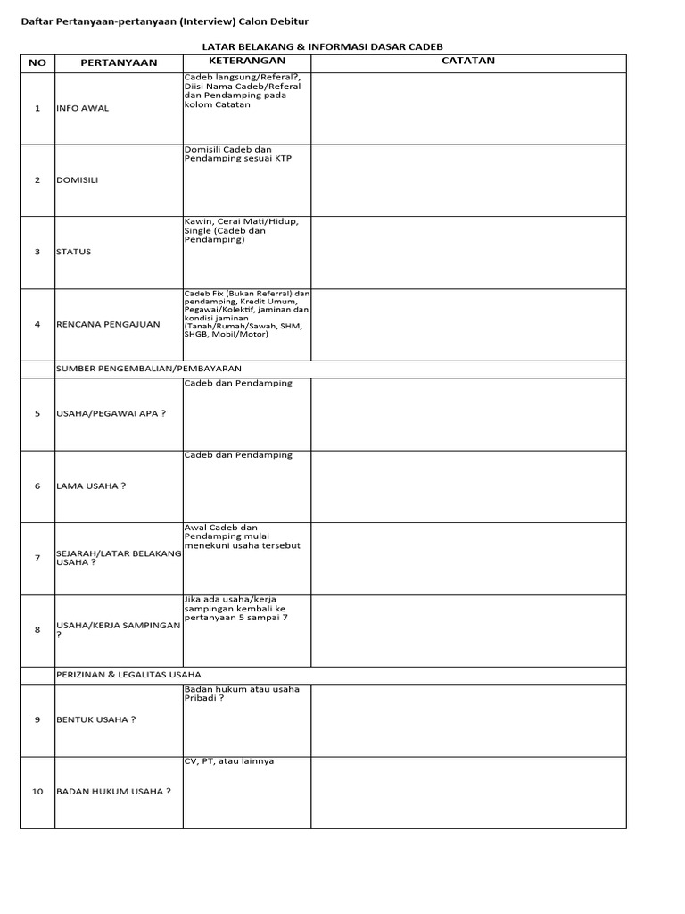 Pertanyaan Wawancara Calon Debitur | PDF | Pengelolaan Keuangan & Uang