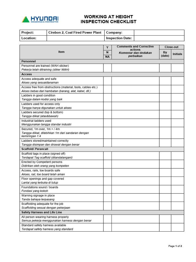WAH Inspection Cheklist | PDF