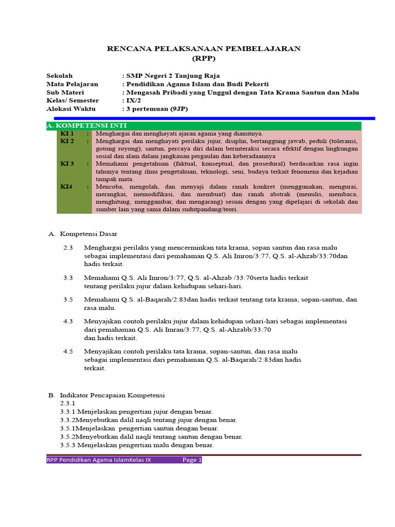 RPP Kelas 9 Bab 2 | PDF