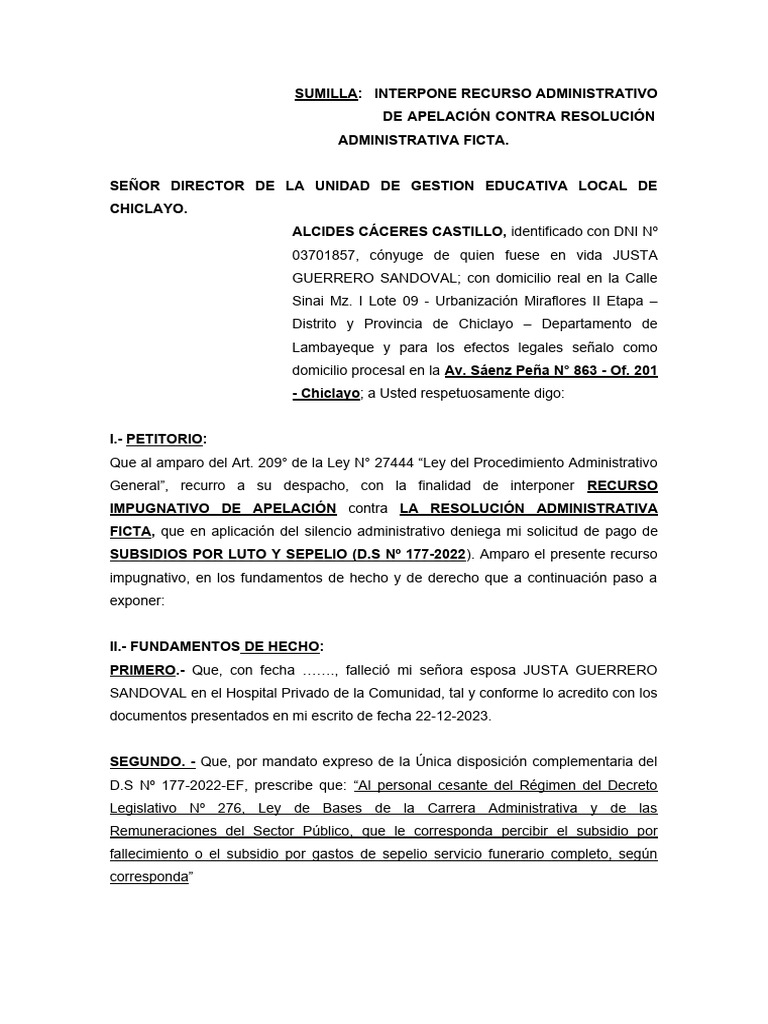 Apelacion - Subsidio Por Luto y Sepelio | PDF