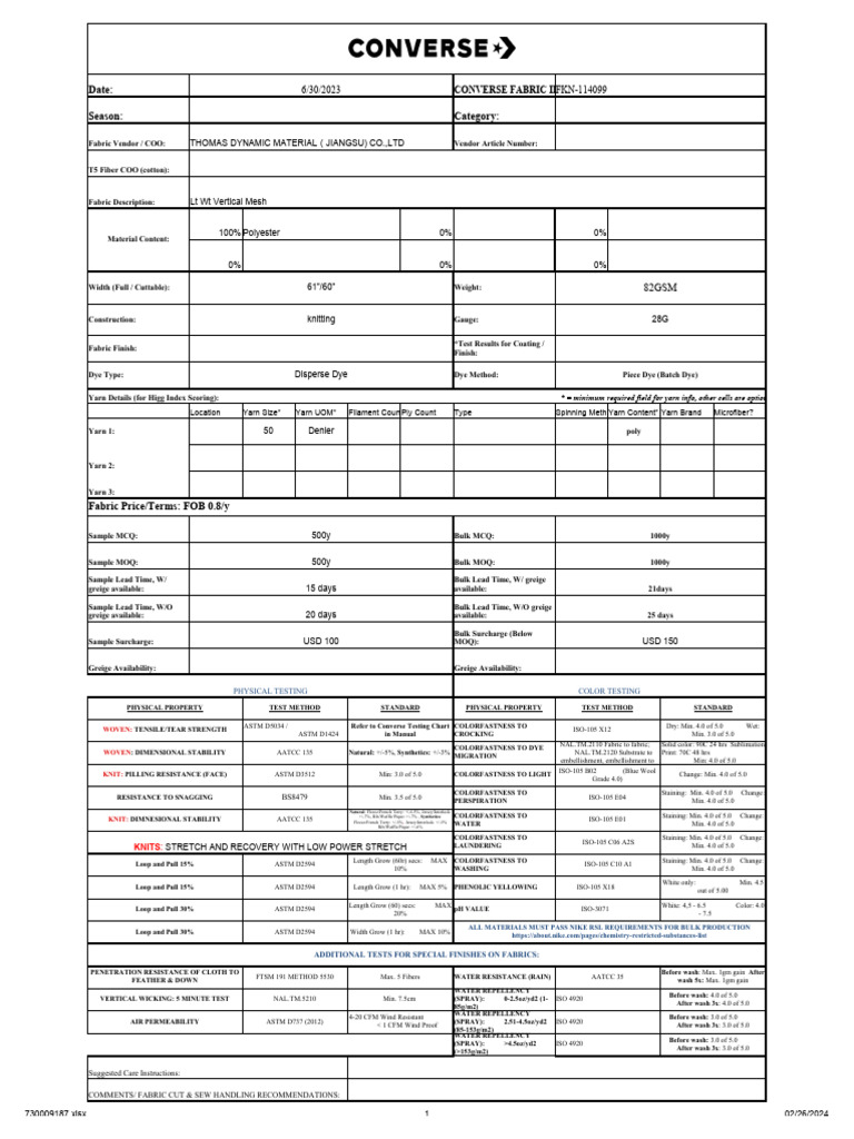 FKN Textile Specifications for ID 114099 | PDF | Dyeing | Yarn