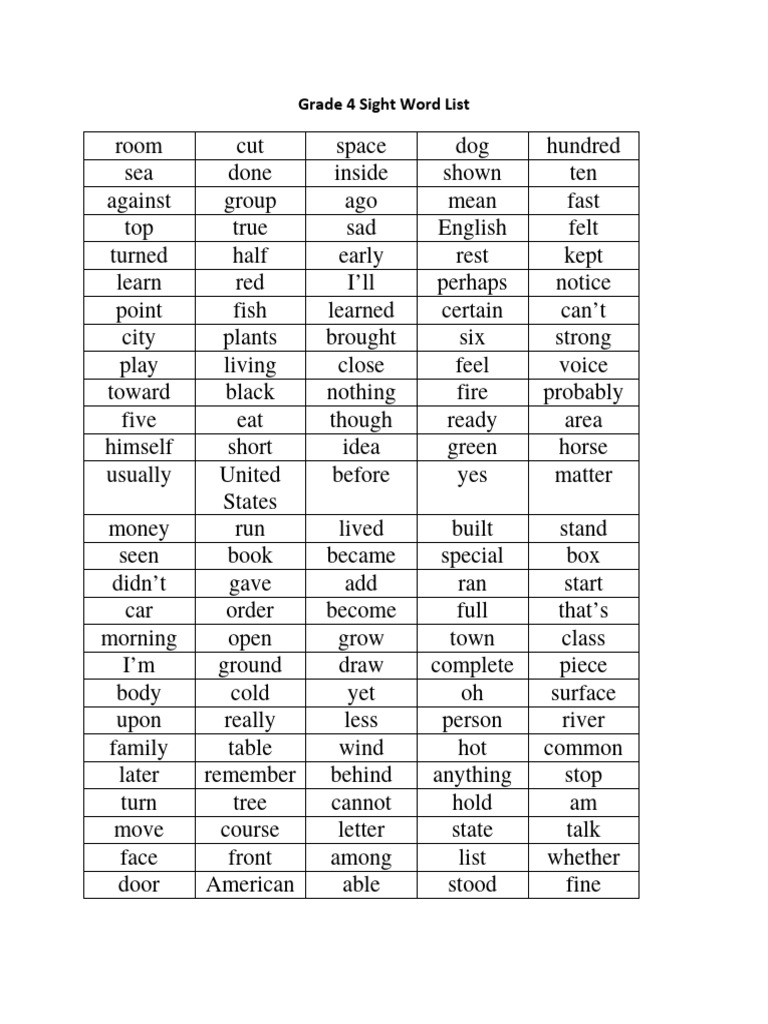 Sight Word List Grade 4 | PDF