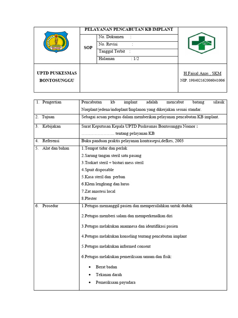 Sop KB Pencabutan Implant | PDF