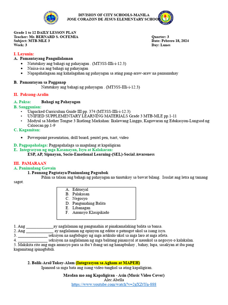 MTB-MLE 3 Q3 Bahagi NG Pahayagan | PDF