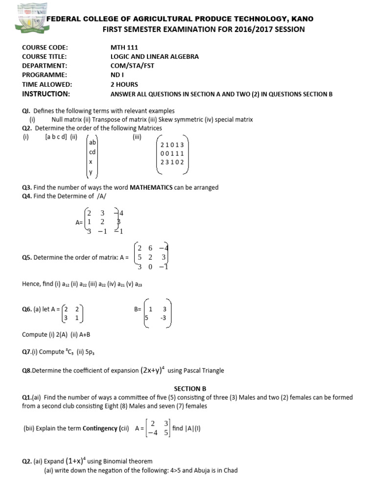 MTH 111 Com&sta | PDF | Matrix (Mathematics) | Algebra