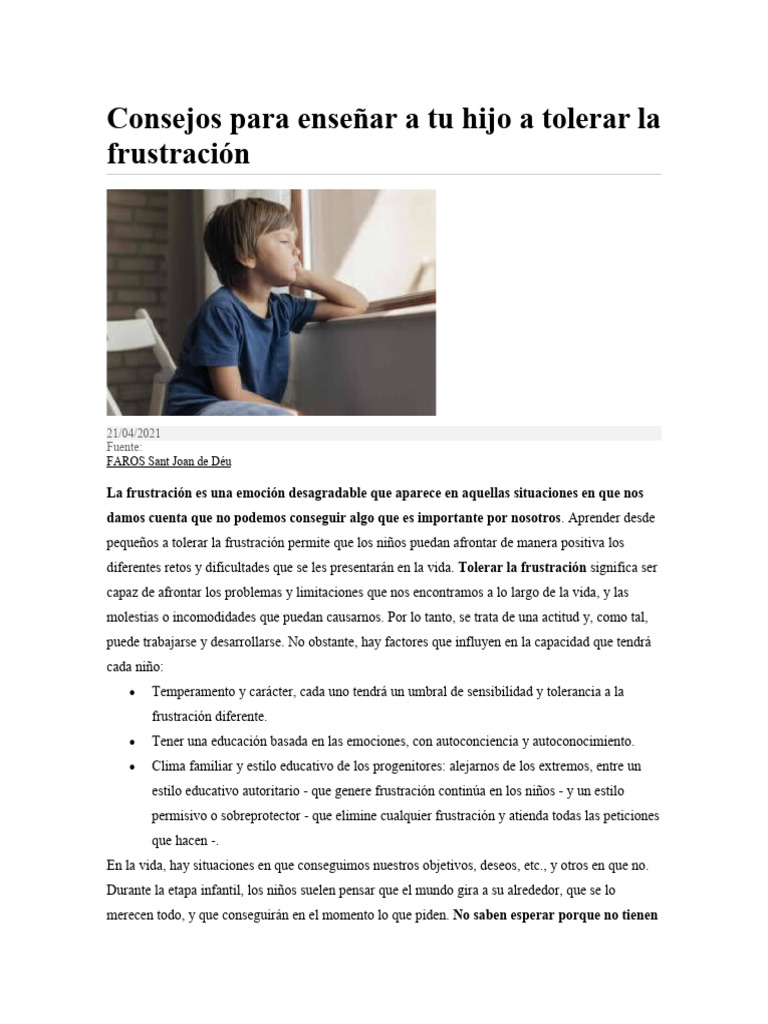 Consejos para Enseñar A Tu Hijo A Tolerar La Frustración | PDF | Relaciones personales, crianza ...