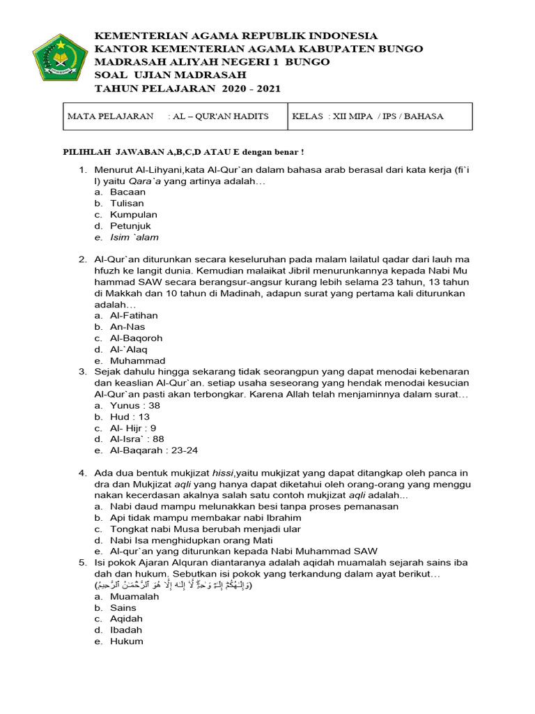 Soal Ujian Al-Qur'an Hadits Kelas XII | PDF