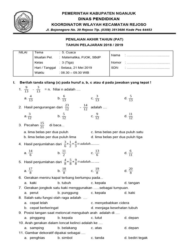 Tema 5 (Mat, Pjok, SBDP) | PDF