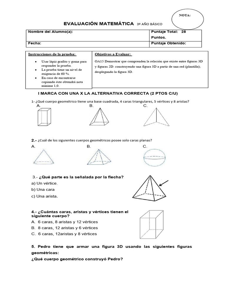 Prueba de Figuras 2D y 3D Tercero Básico | PDF | Matemáticas ...