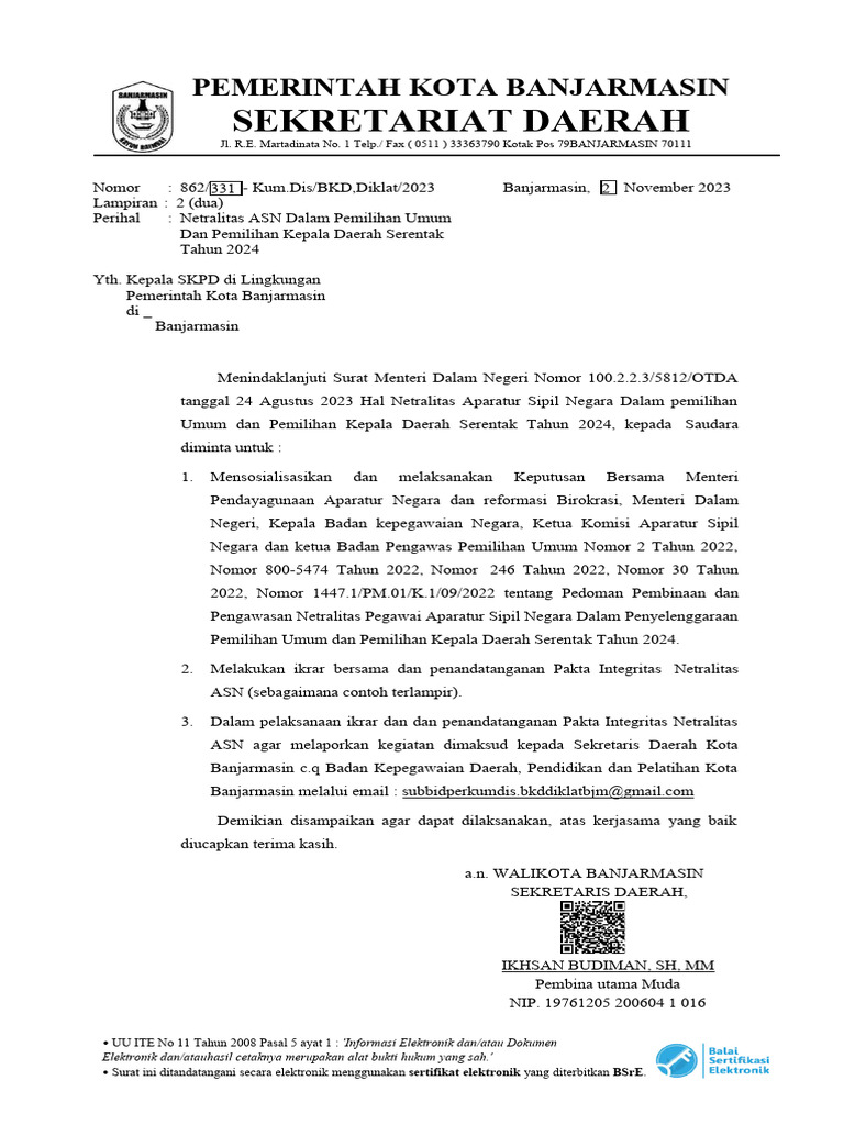 Surat Netralitas ASN Dalam Pemilihan Umum Dan Pemilihan Kepala Daerah Serentak Tahun 2024 - Sign ...