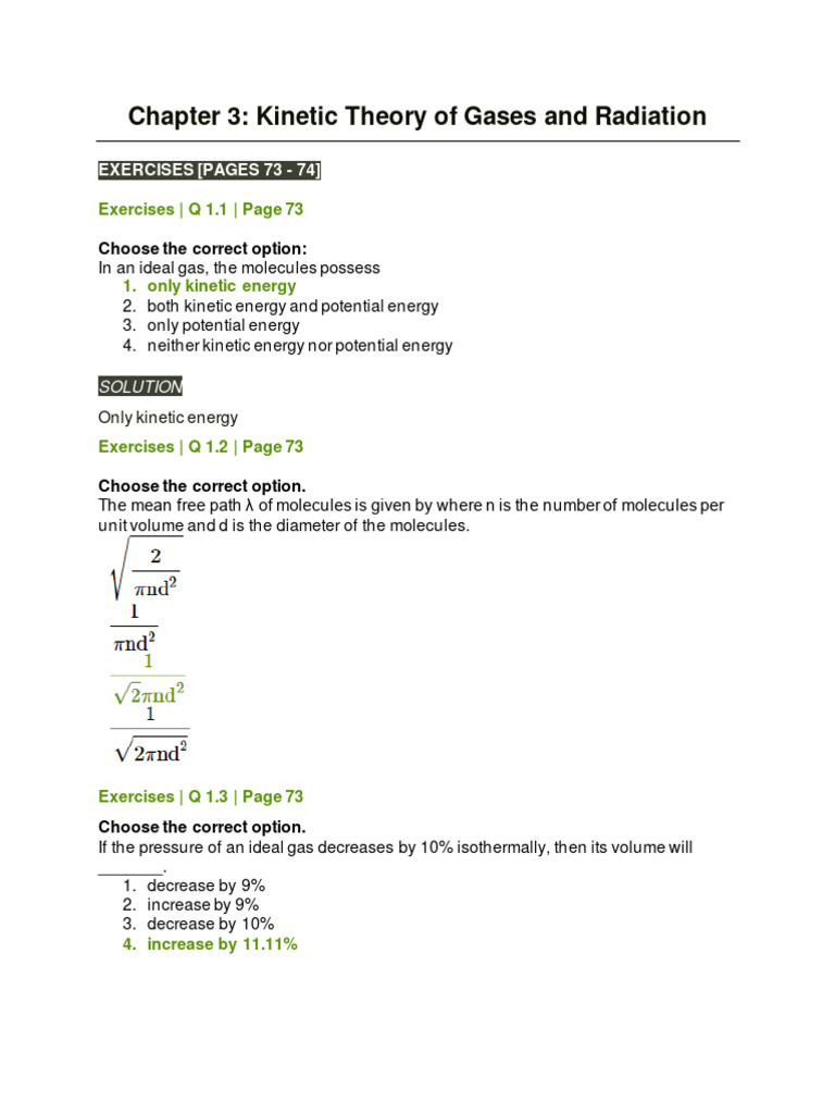 Chapter 3: Kinetic Theory of Gases and Radiation: Exercises (Pages 73 ...