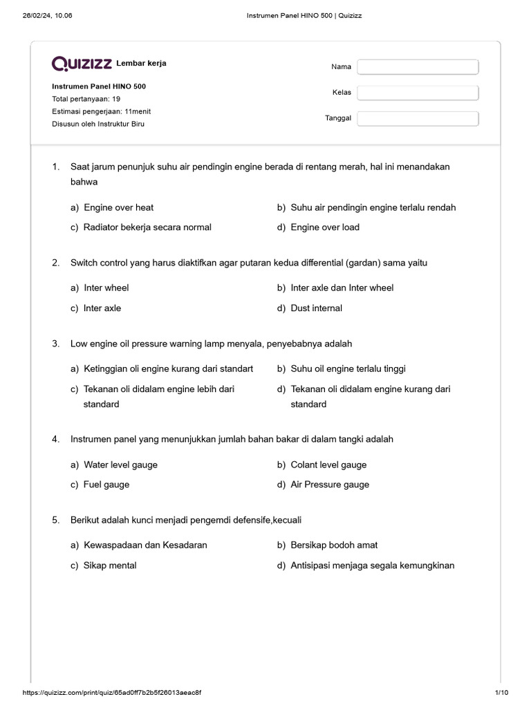 Panel Instrumen HINO 500 dan Fungsinya | PDF