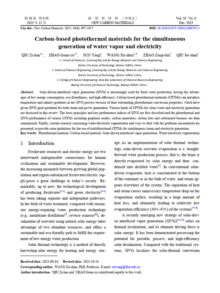 Carbon Based Photothermal Materials For The Simultaneous Generation of ...