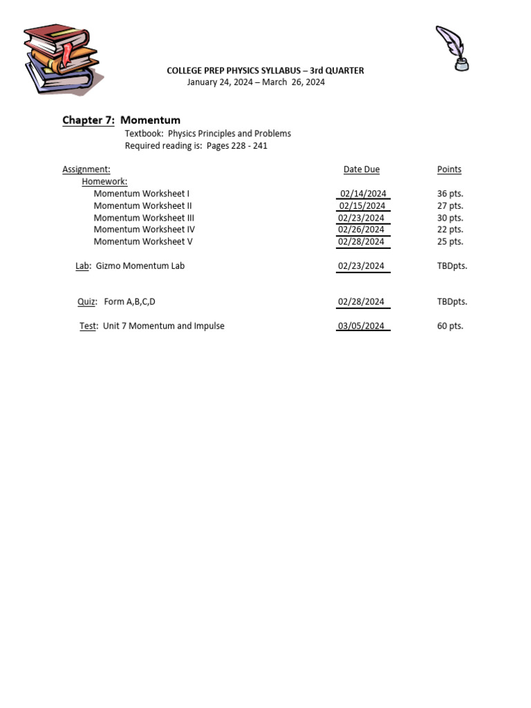 CP Physics Syllabus - Unit 7 Momentum 2023-2024 | PDF