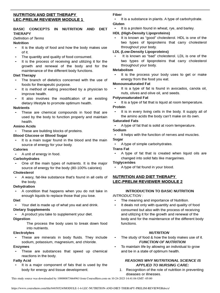 Module 1 6 Lec Nutrition and Diet Therapy Prelim Reviewer | PDF | Foods | Fat