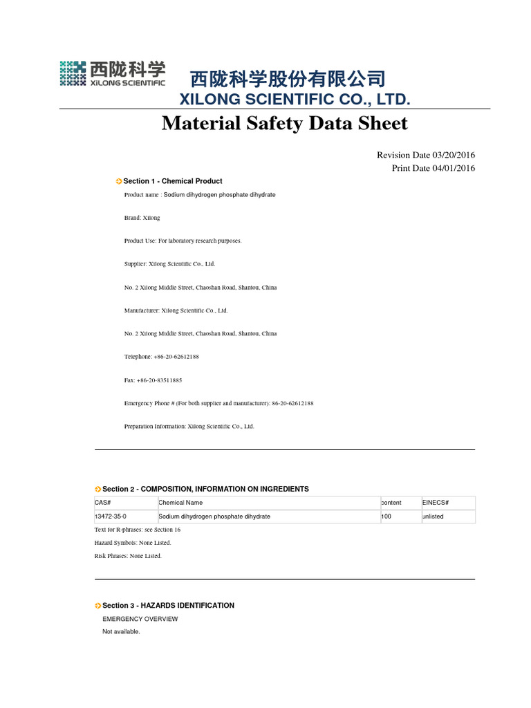Sodium Dihydrogen Phosphate Dihydrate - +-SS G - MSDS | PDF | Personal ...