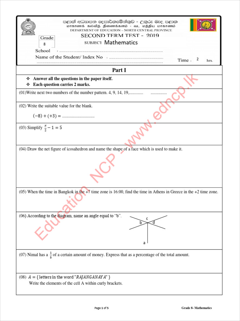 Grade 08 Mathematics 2nd Term Test Paper 2019 English Medium North ...