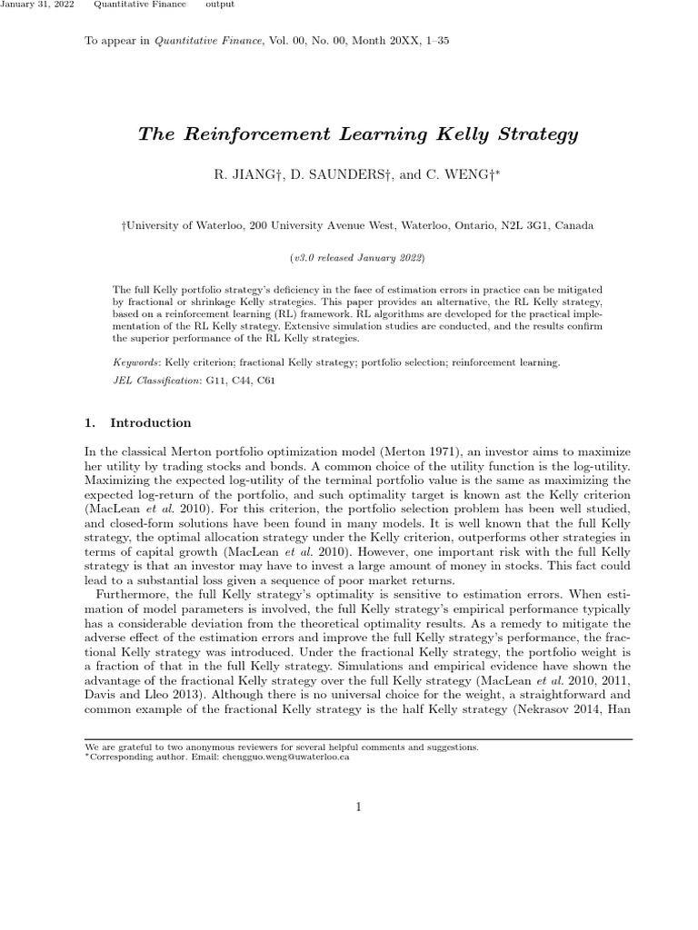 RL Kelly Revision V8 | PDF | Modern Portfolio Theory | Mathematical ...
