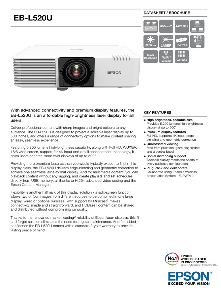 Epson EB-L520U Projector Datasheet | PDF | Hdmi | Film And Video Technology