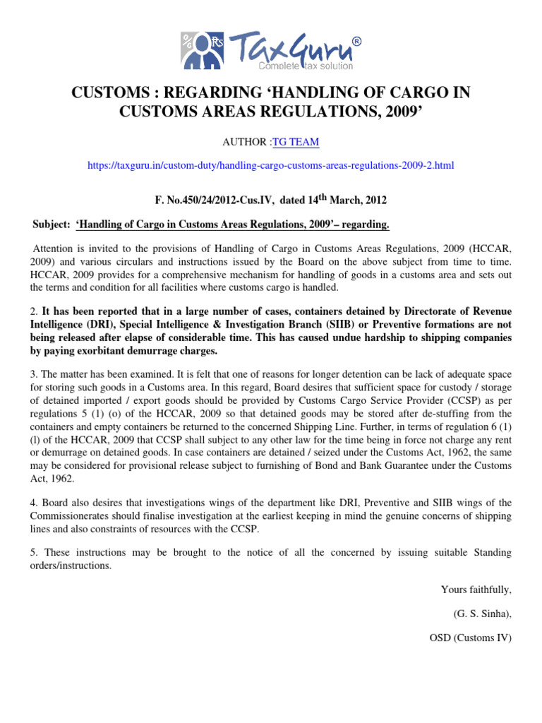 Customs - Regarding Handling of Cargo in Customs Areas Regulations ...