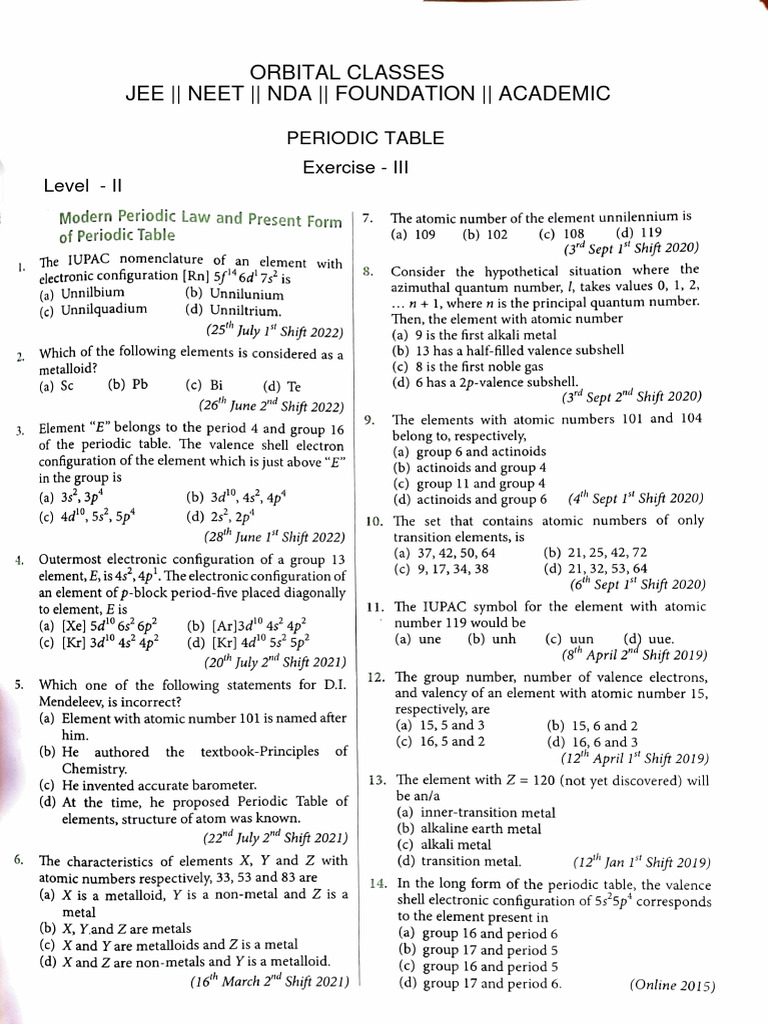 Periodic Table JEE-Main Solved Paper | PDF | Periodic Table | Electron ...