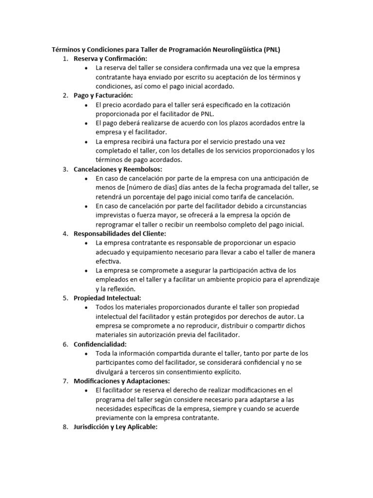 Términos y Condiciones para Talleres en Empresas | PDF | Business | Propiedad intelectual