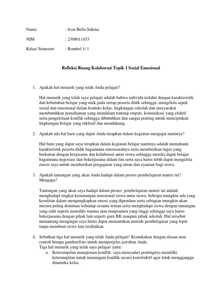 Refleksi Ruang Kolaborasi TP 1 Ivon Bella Sukma Sosial Emosional | PDF