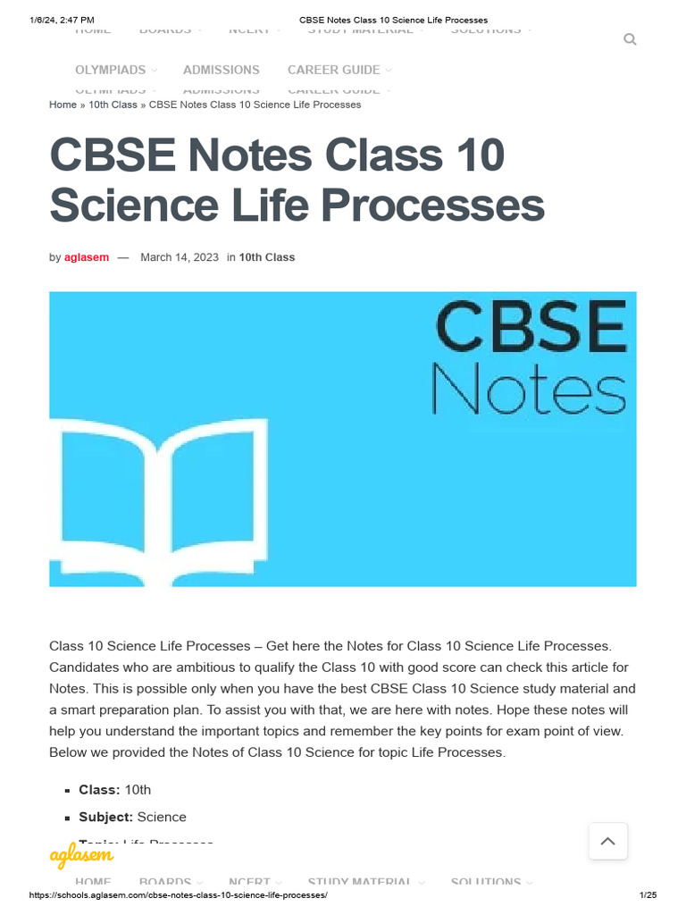 Cbse Notes Class 10 Science Life Processes Op Pdf