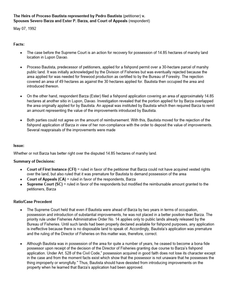 Supreme Court Case: Bautista vs. Barza | PDF