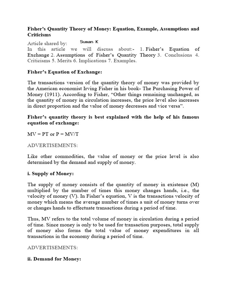 Fisher Quantitative Theory of Money | PDF