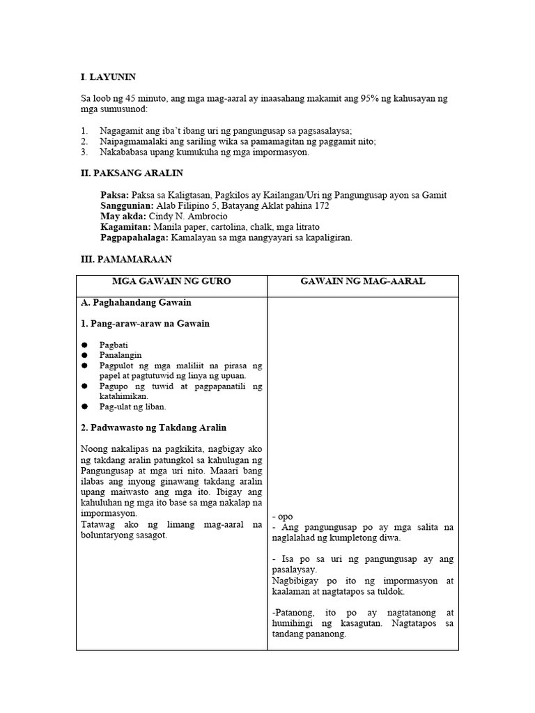 Lesson Plan in Filipino - Grade 5 | PDF